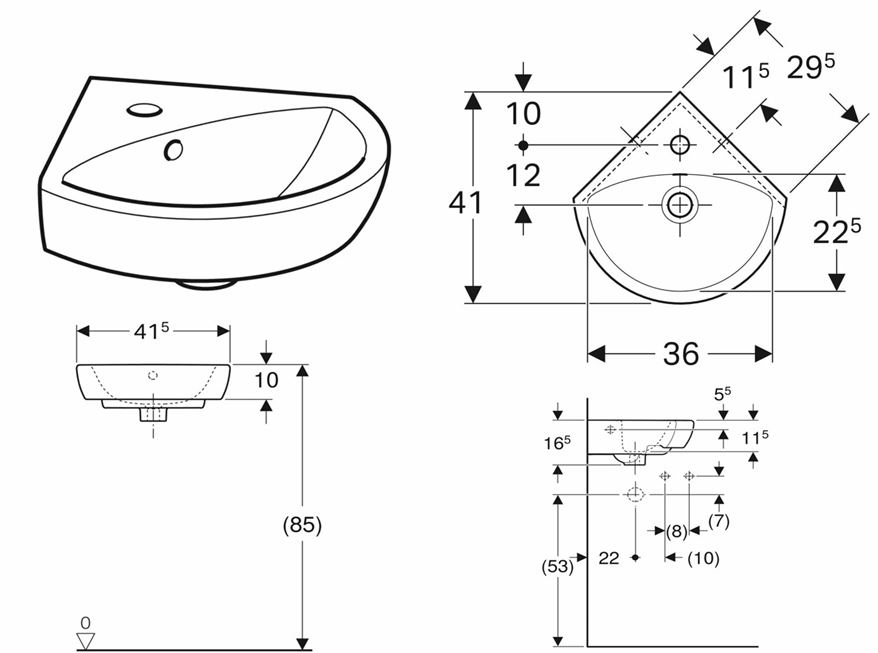 GEBERIT SELNOVA umývátko rohové 41 cm, s otvorem pro baterii a přepadem ...