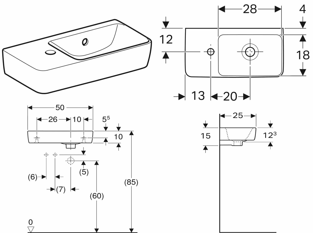 GEBERIT SELNOVA COMPACT umývátko 50 cm, s otvorem pro baterii vlevo a ...