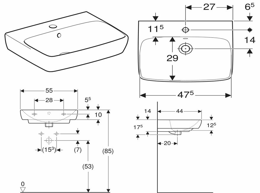 GEBERIT SELNOVA SQUARE umyvadlo 55 cm, s otvorem pro baterii a přepadem ...