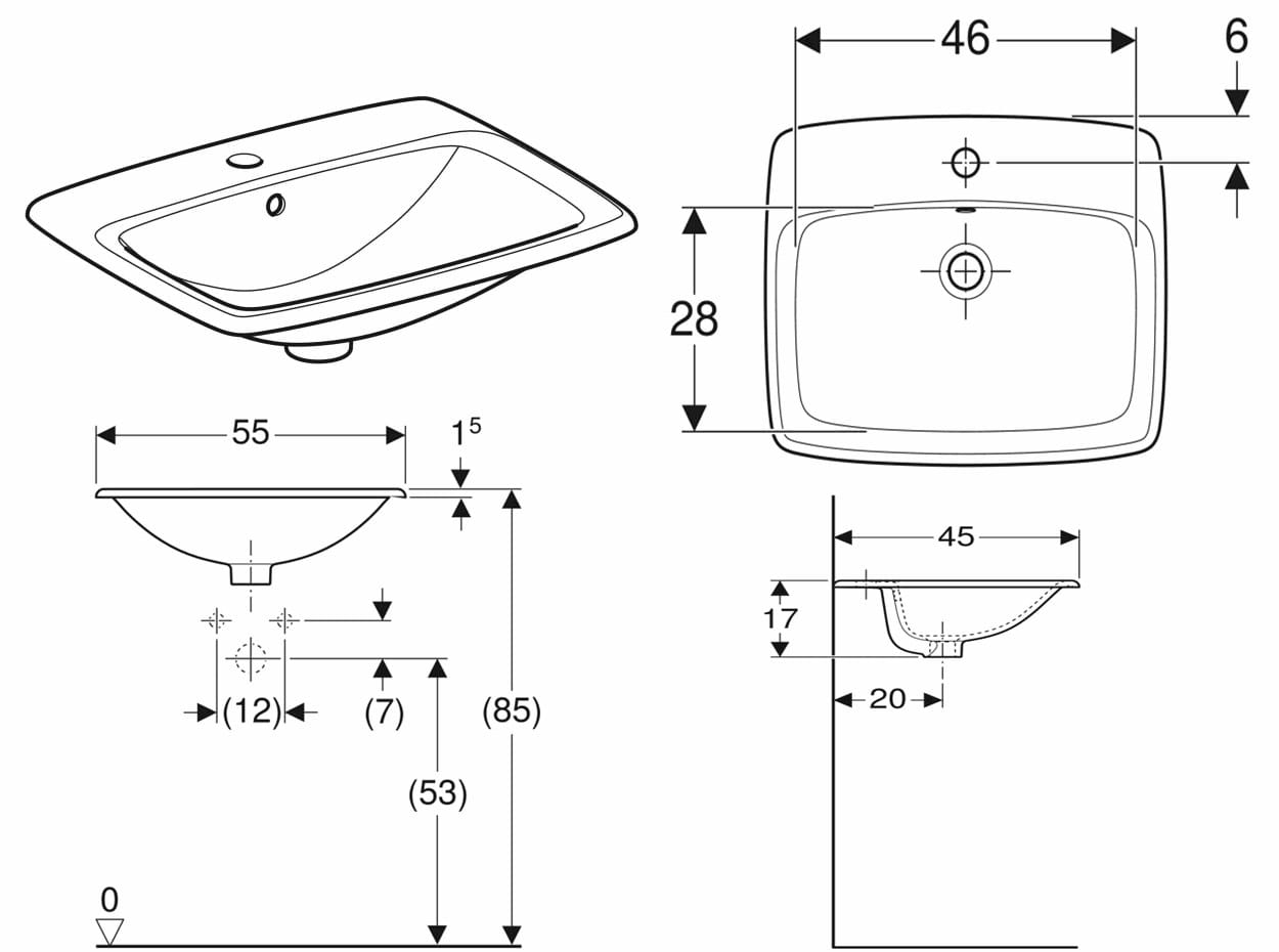 GEBERIT SELNOVA SQUARE umyvadlo 55 cm, s otvorem pro baterii a přepadem ...