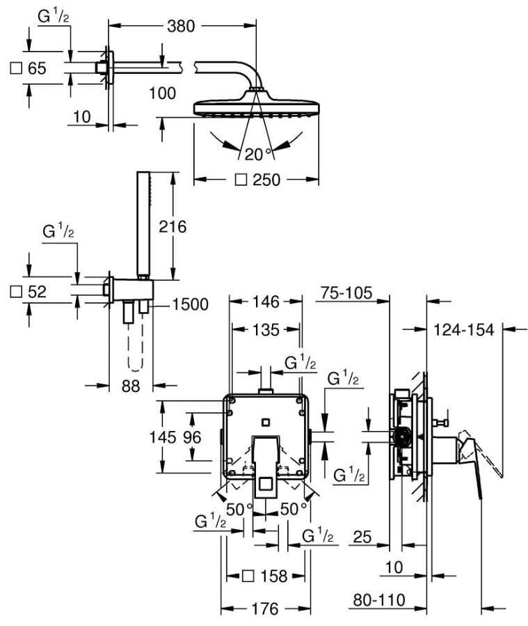 GROHE EUROCUBE sprchový set s podomítkovou baterií, horní sprcha, ruční ...