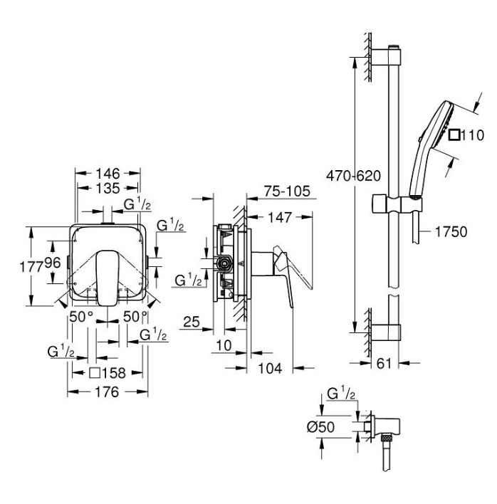 GROHE CUBEO sprchový set s podomítkovou baterií, ruční sprcha, tyč ...